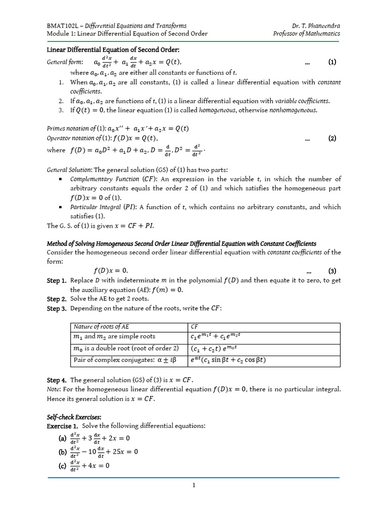 Module 1 Linear Differential Equations Of Second Order Pdf Ordinary