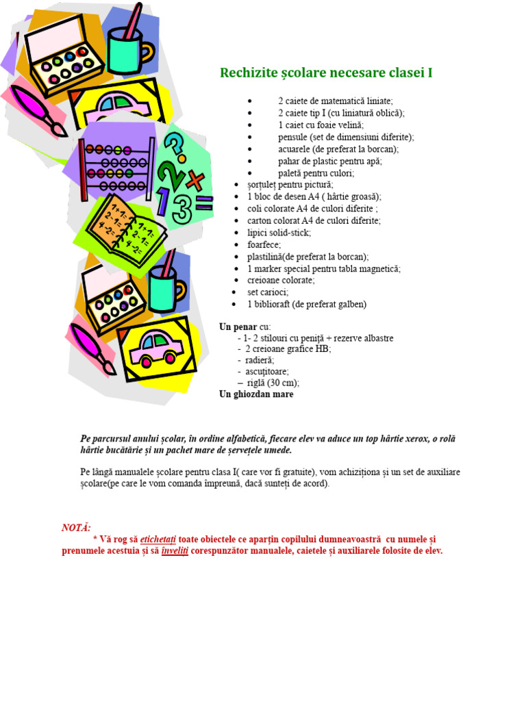 Rechizite Școlare Necesare Clasei I | PDF