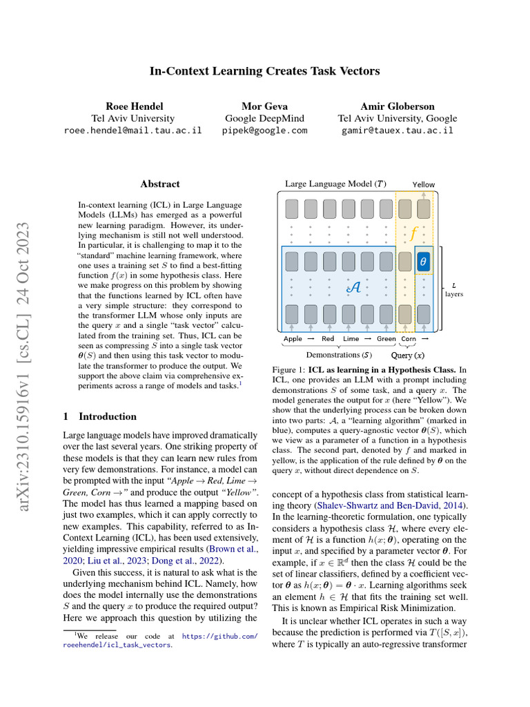 In-Context Learning Creates Task Vectors | PDF