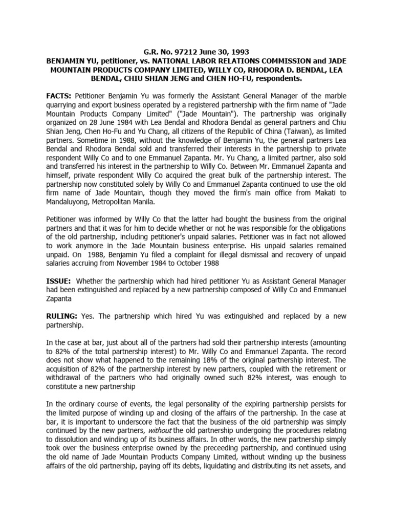 Yu vs. NLRC: Partnership Continuity Case | PDF | Liquidation | Partnership