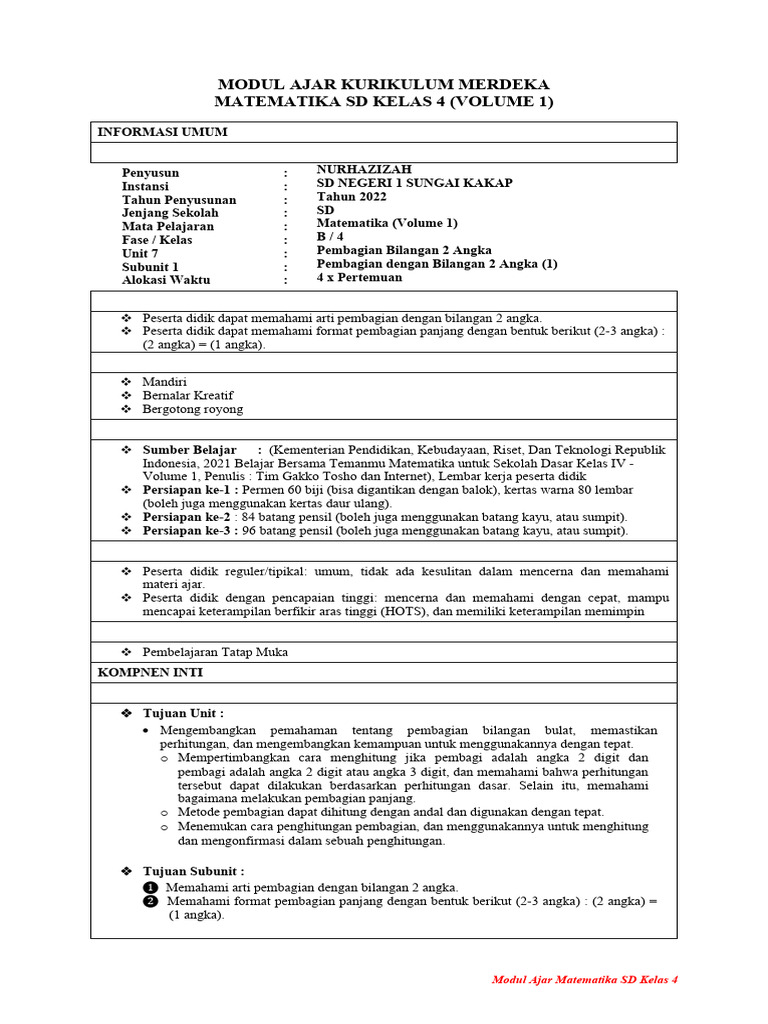 Modul Ajar MTK Unit 7 Kelas 4 Semester 1 | PDF Modul Ajar MTK Unit 7 Kelas 4 Semester 1 | PDF