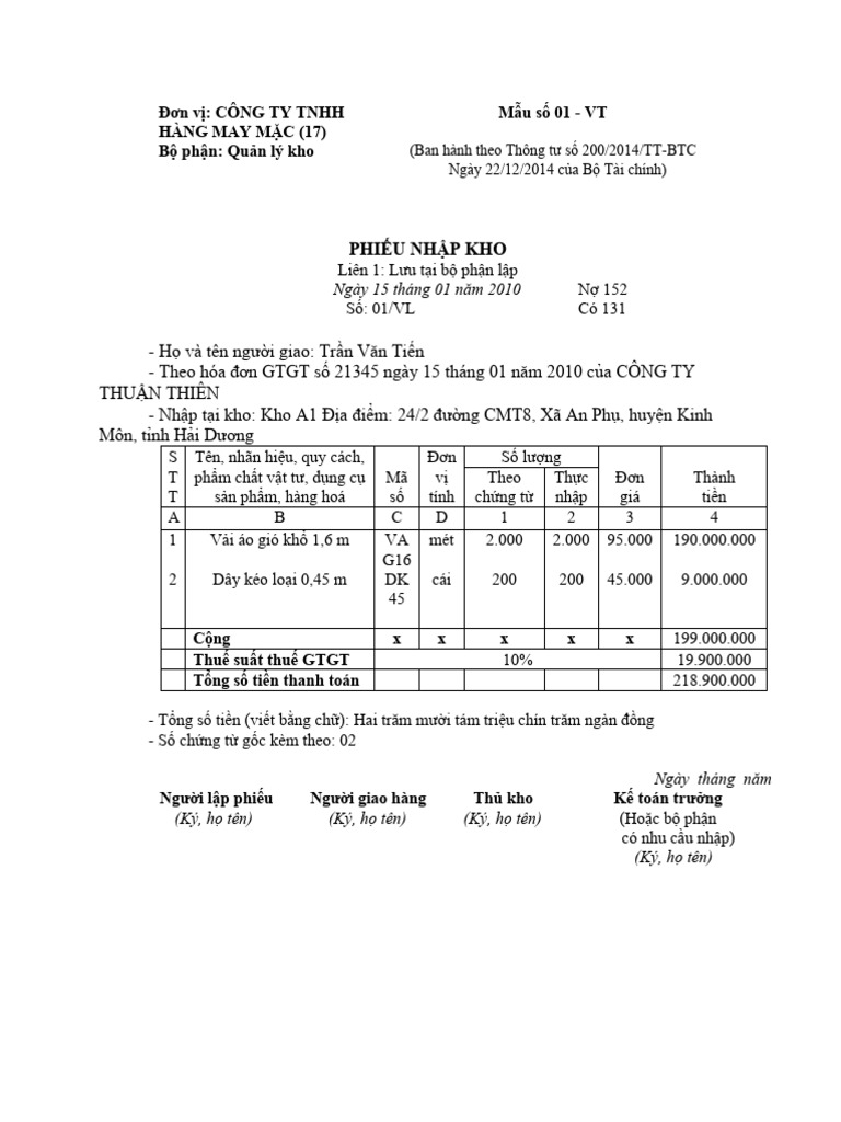 Phiếu nhập kho 01 VL | PDF