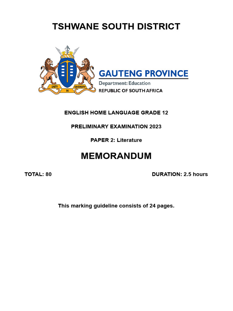 Prelim Exam Grade 12 Paper 2 MEMO | PDF | Othello | Iago