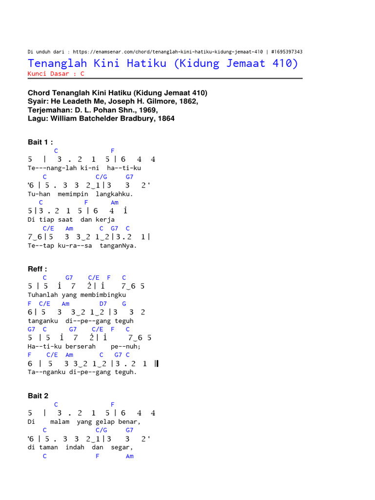 Tenanglah Kini Hatiku Kidung Jemaat 410 Key-C KORD - One | PDF