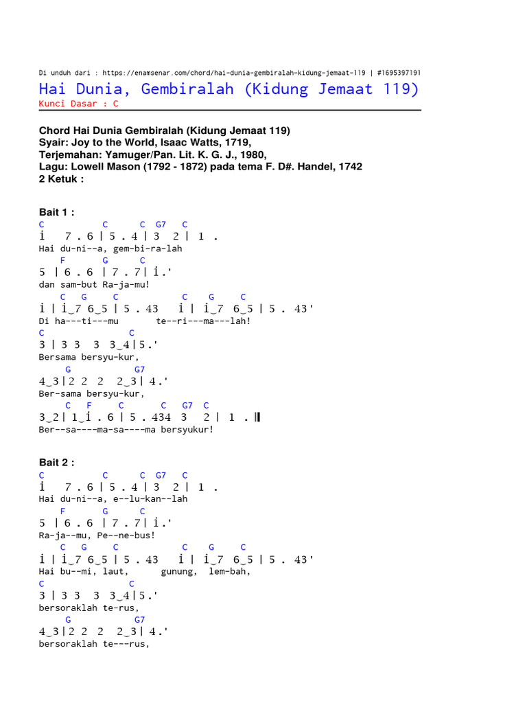 Hai Dunia Gembiralah Kidung Jemaat 119 Key-C KORD - One | PDF