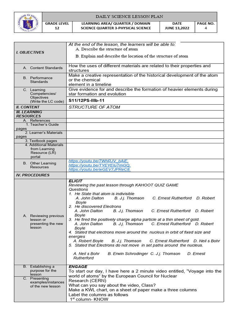Lesson Plan For INSET - Structure of Atom | PDF | Atoms | Atomic Nucleus