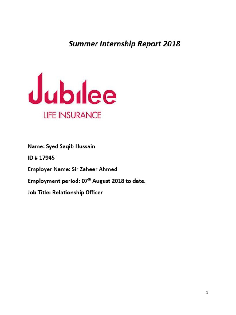 Jubilee Insurance Internship Insights | PDF | Insurance | Life Insurance