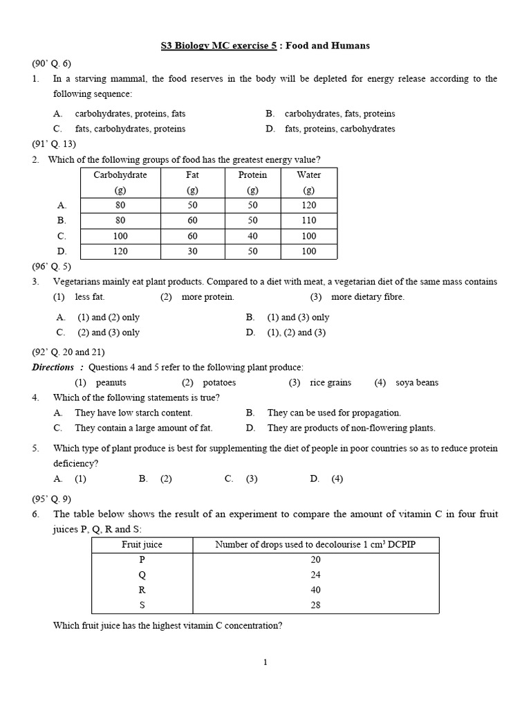 S3 Food and Humans MC 2021 - New | PDF
