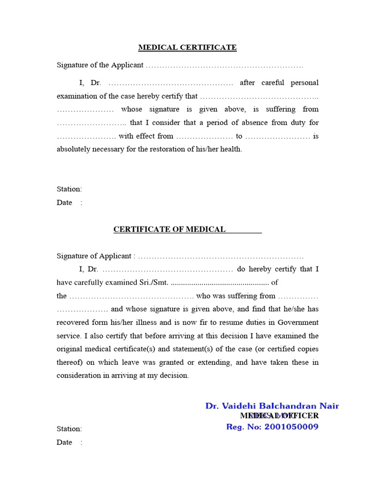 Medical Certificate Form PDF | PDF
