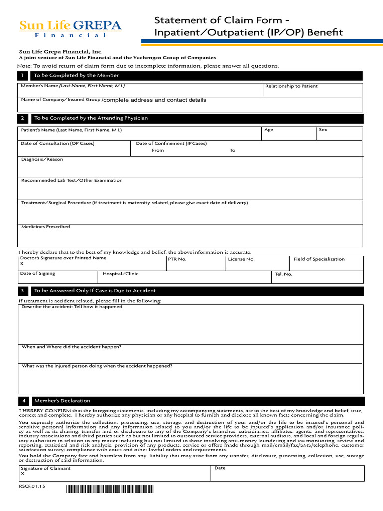 Statement of Claim Form (OP IP CLAIM) (Hospitalization) | PDF | Patient ...