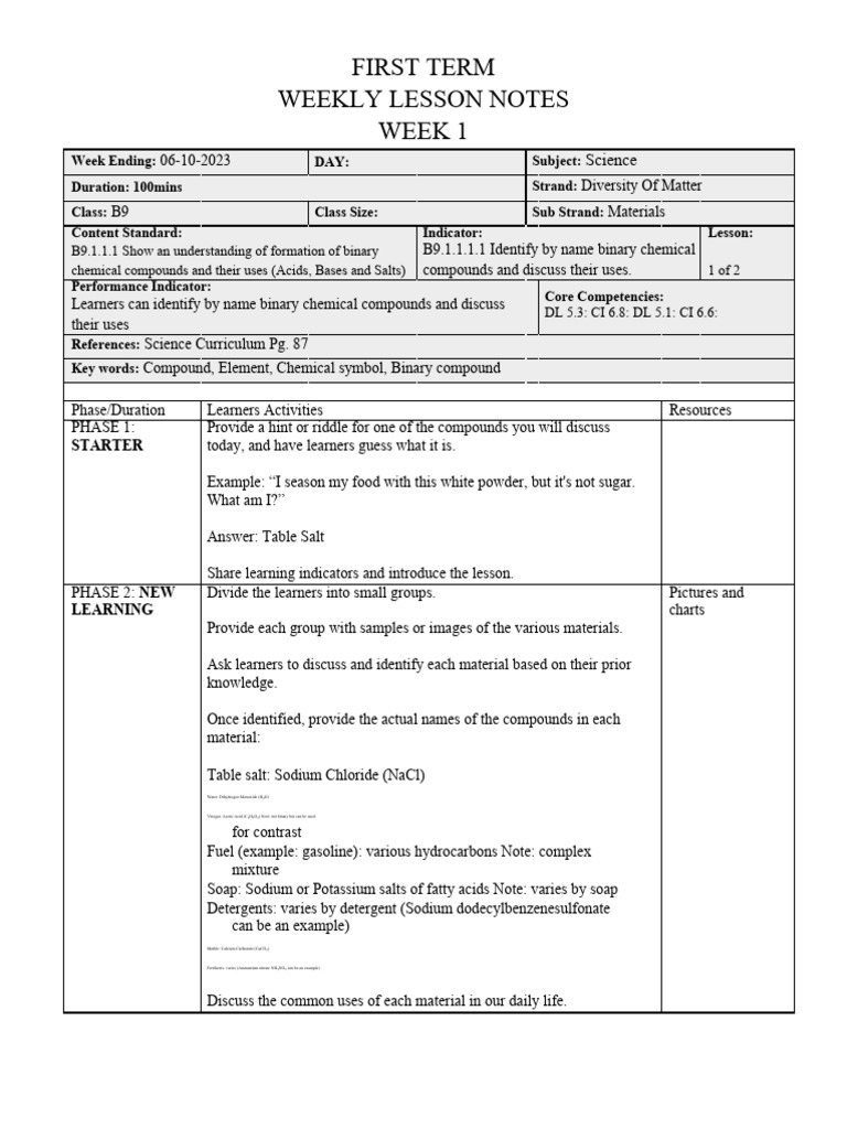 B9 Science: Binary Compounds Lesson | PDF