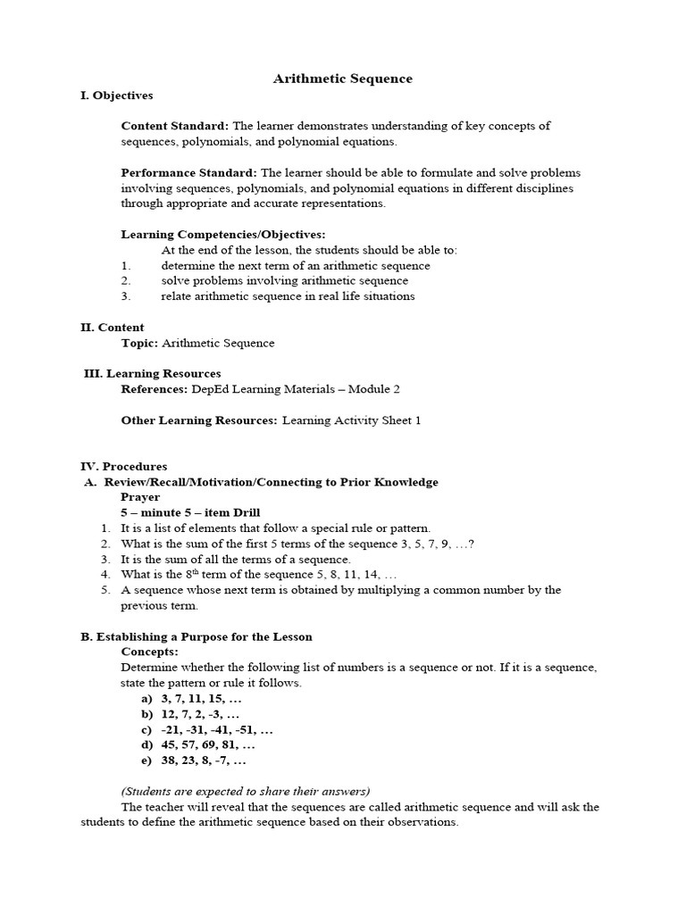 Arithmetic Sequence Lesson Plan | PDF | Learning | Sequence