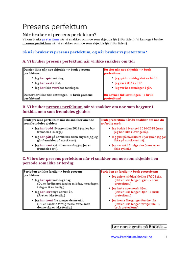 VERB - Presens Perfektum - Med Oppgaver - Bnorsk - No | PDF