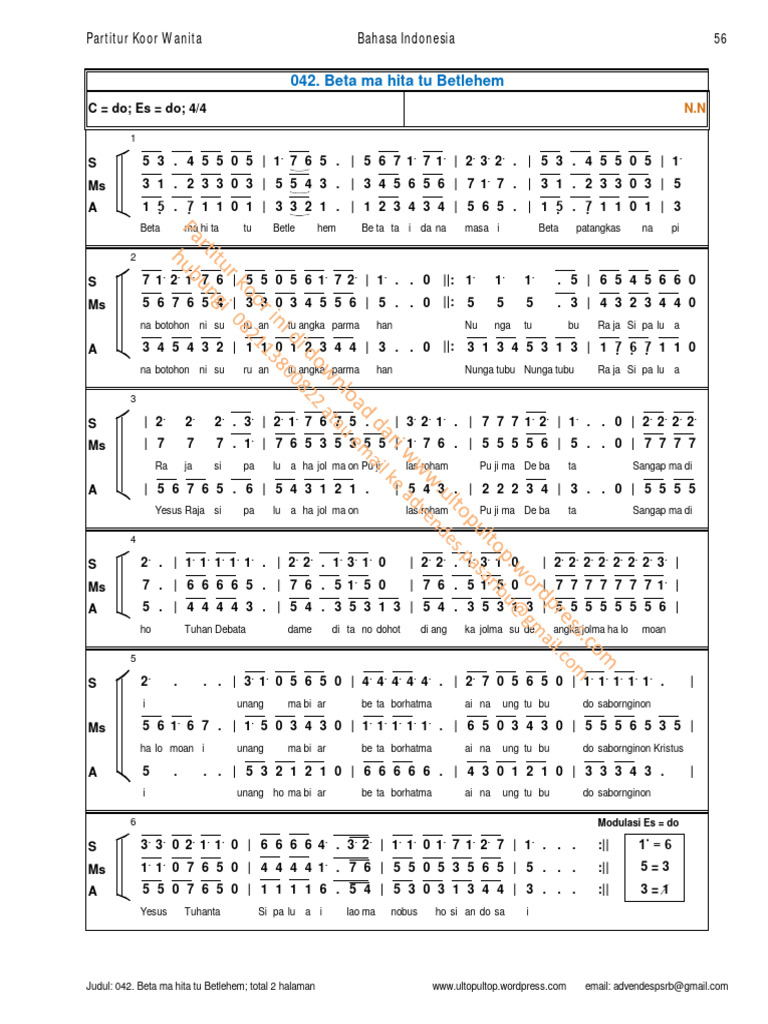 Beta Ma Hita Tu Betlehem: Partitur Koor Wanita Bahasa Indonesia 56 | PDF