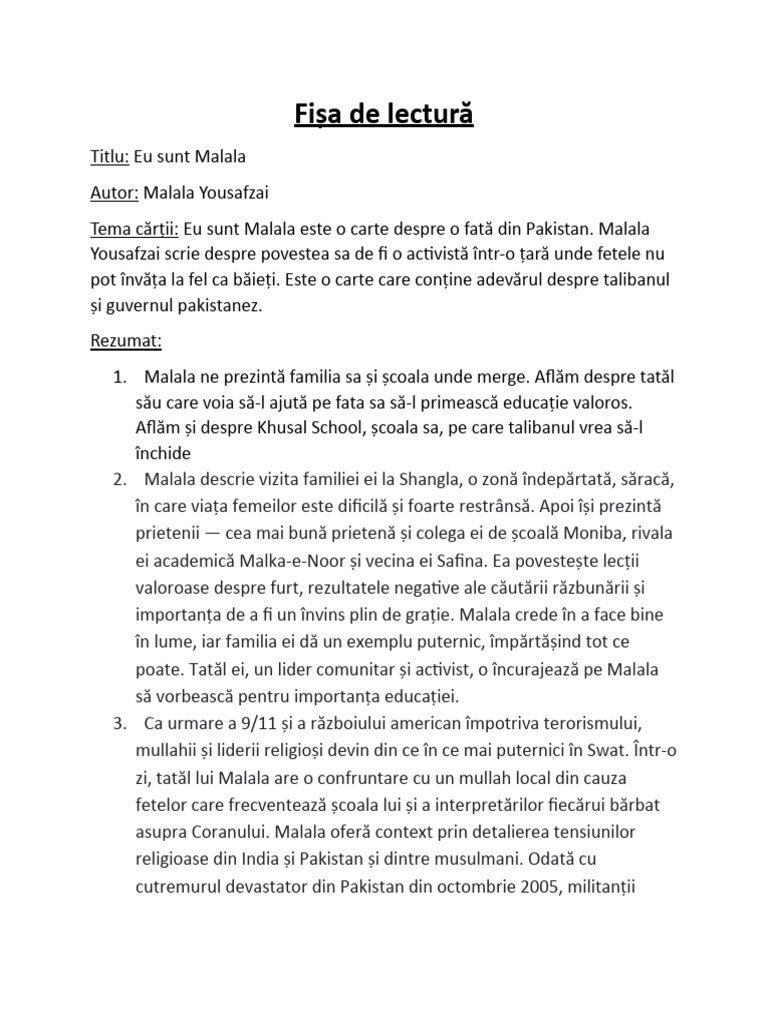Rezumat Eu sunt Malala de Malala Yousafzai | PDF