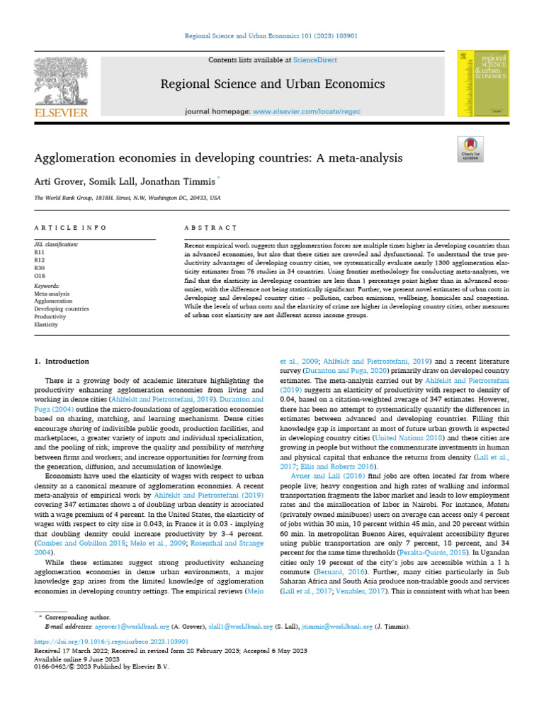 Agglomeration Economies in Developing Countries A Meta-Analysis | PDF ...