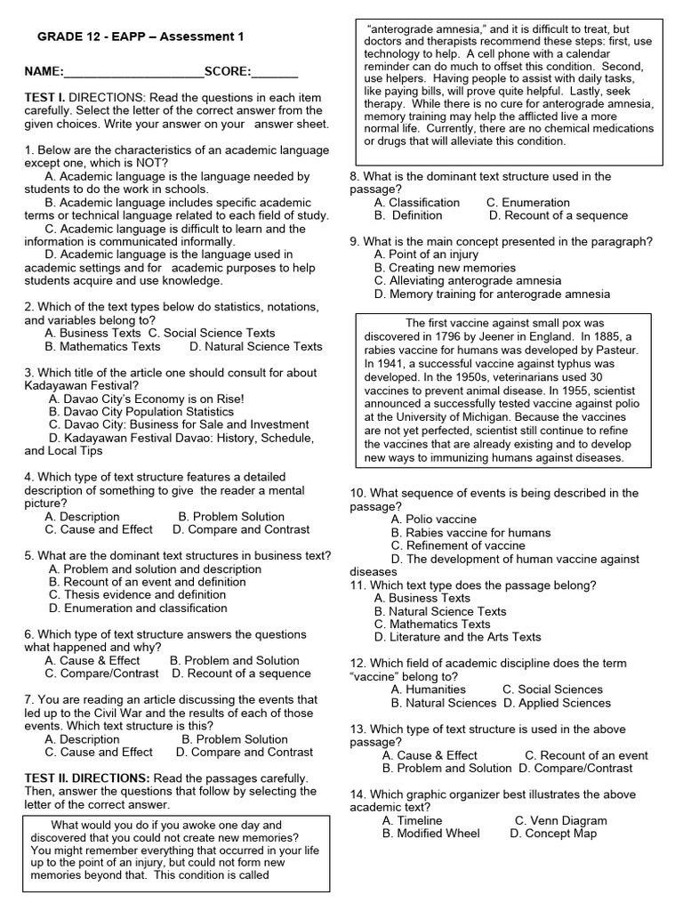 GRADE 12 - EAPP - Assessment 1 | PDF