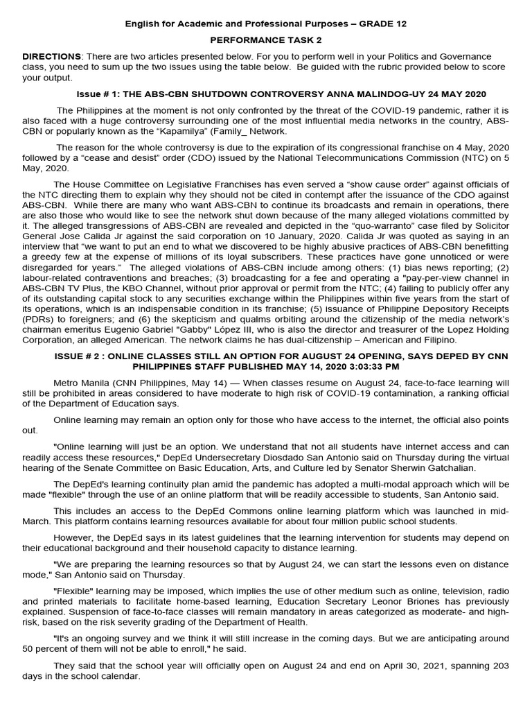 English For Academic and Professional Purposes - GRADE 12 PERFORMANCE ...