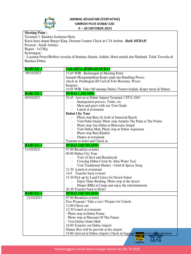 ITIN PLUS DUBAI 12D 9 Oktober 2023 | PDF | Dubai | Hospitality Industry