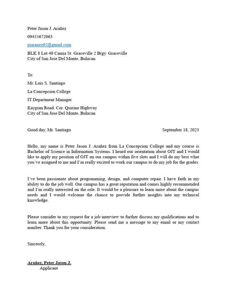 Application Letter For OJT | PDF