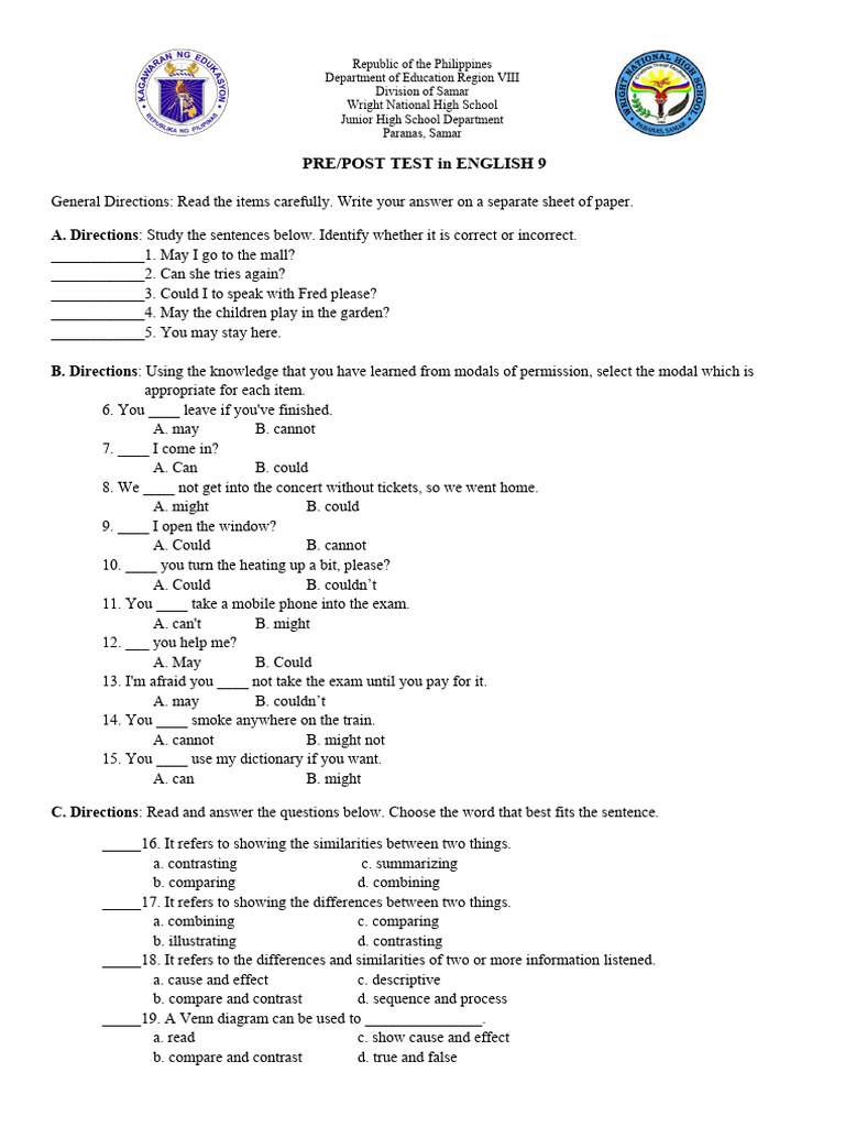 PrePost Test in English 9 MELCS | PDF | Causality | Cognition