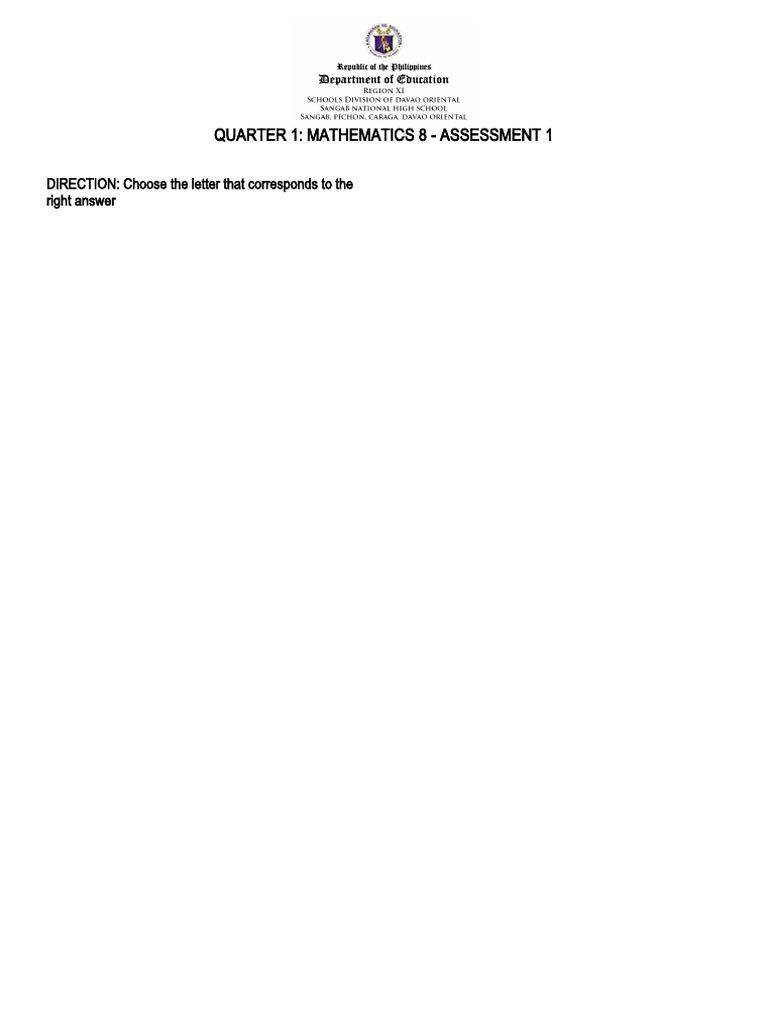 Assessment 1 - Math 8 - Quarter 1 | PDF