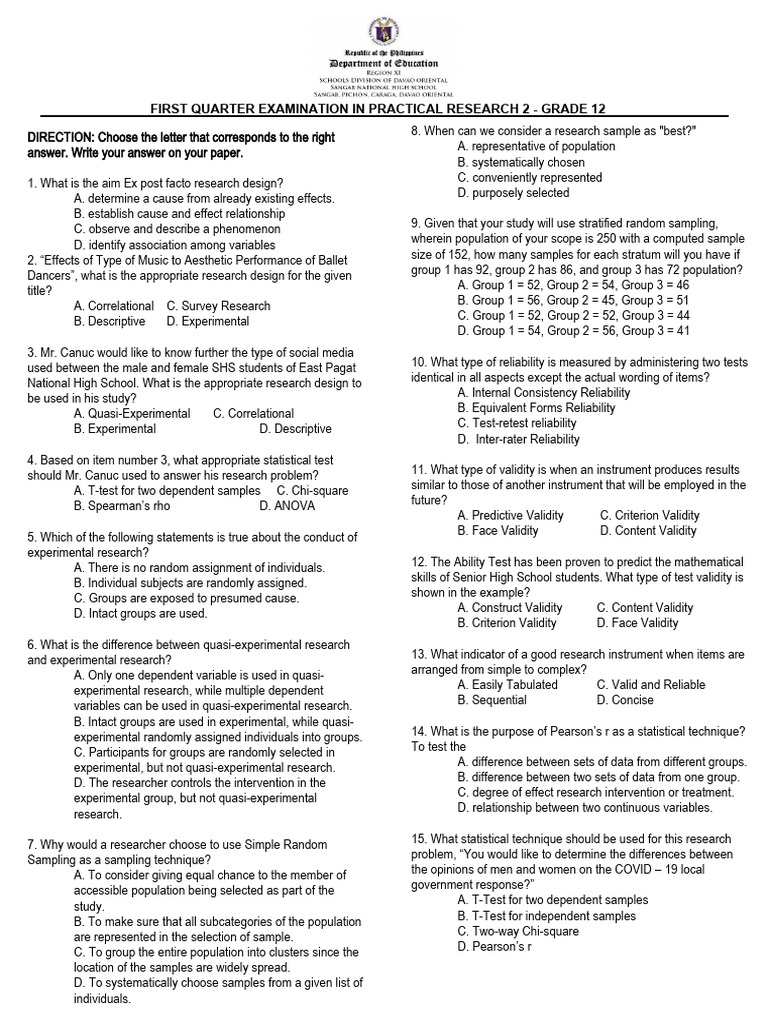 Second Quarter Examination in Practical Research 2 - Grade 12 | PDF | Validity (Statistics ...