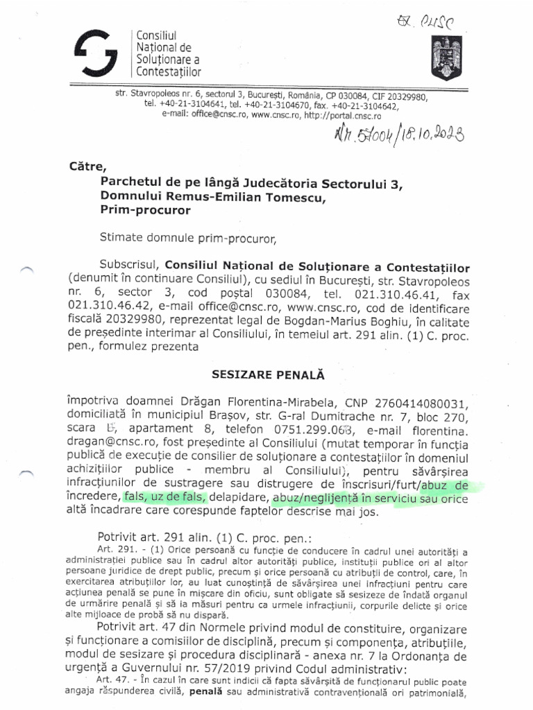 Sesizare Penala Parchet JS 3 Florentina Drăgan | PDF