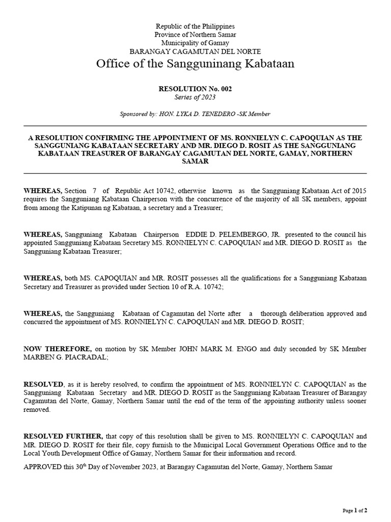 SK Secretary and Treasurer's Appointment (SK CDN Reso 002-23) | PDF ...