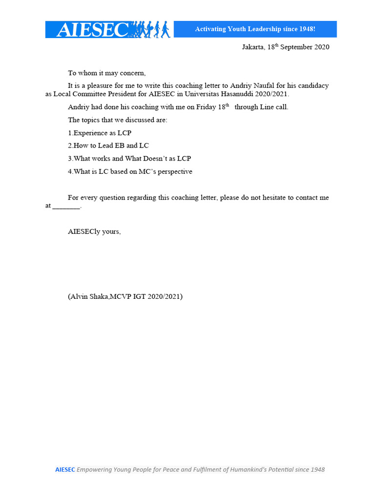Coaching Letter MC Kak ALVIN | PDF