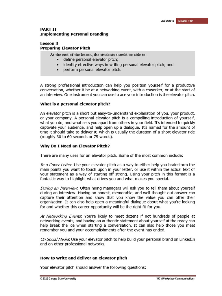 Lesson 3 - Elevator Pitch IM | PDF | Human Communication | Communication