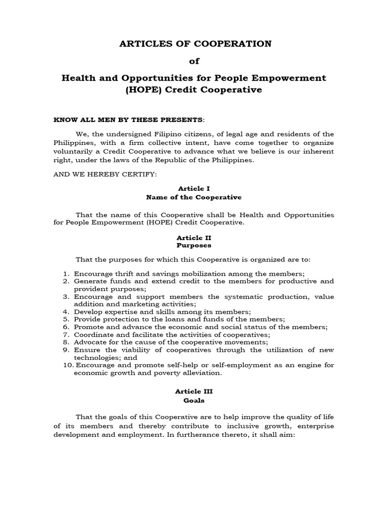 Articles-of-Cooperation.HOPE-Credit-Cooperative-draft-doc | PDF