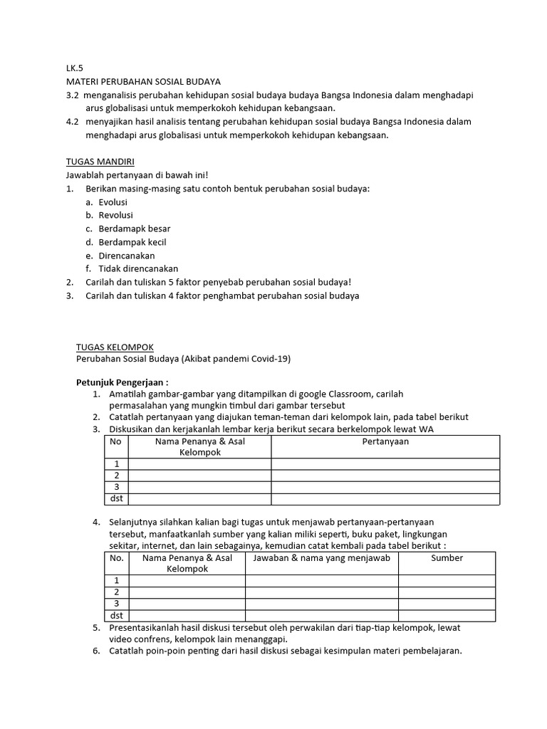 LK Perubahan Sosial Budaya | PDF | Karier & Perkembangan
