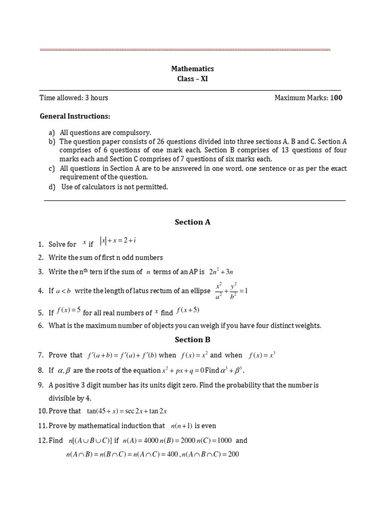 Class XI Mathematics Exam Paper | PDF | Mathematics