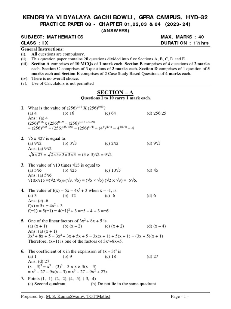 Maths Class Ix Chapter 01 02 03 and 04 Practice Paper 08 Answers | PDF