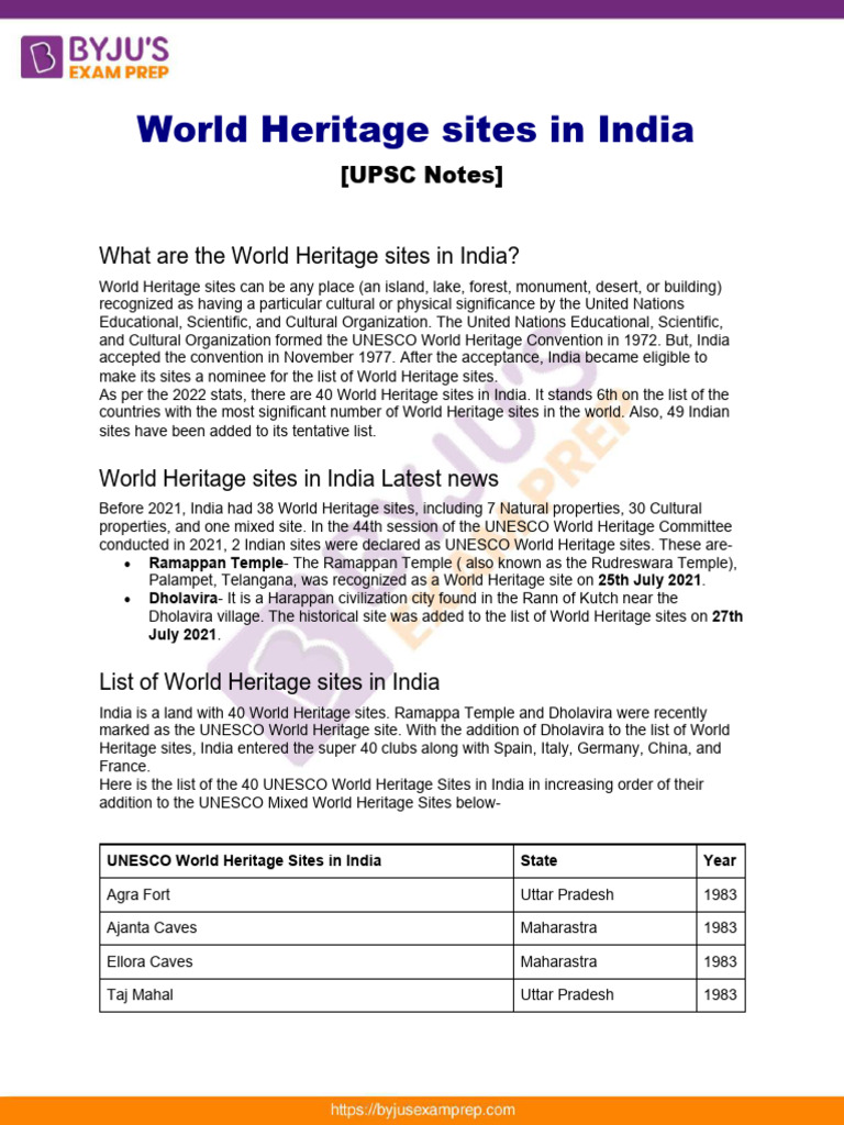 UNESCO World Heritage Sites in India | PDF | World Heritage Site