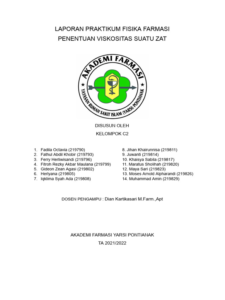 Laporan Praktikum Fisika Farmasi - Viskositas - C2 | PDF Laporan Praktikum Fisika Farmasi - Viskositas - C2 | PDF