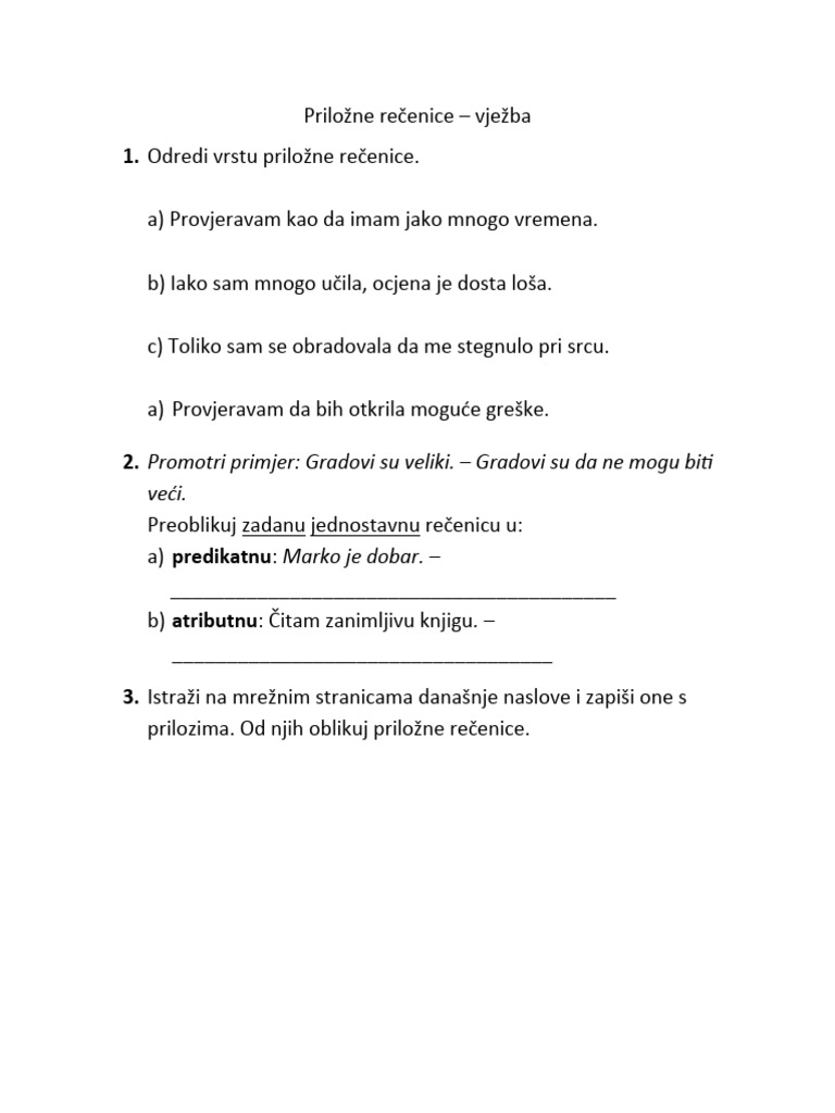 Priložne Rečenice - Vježba | PDF