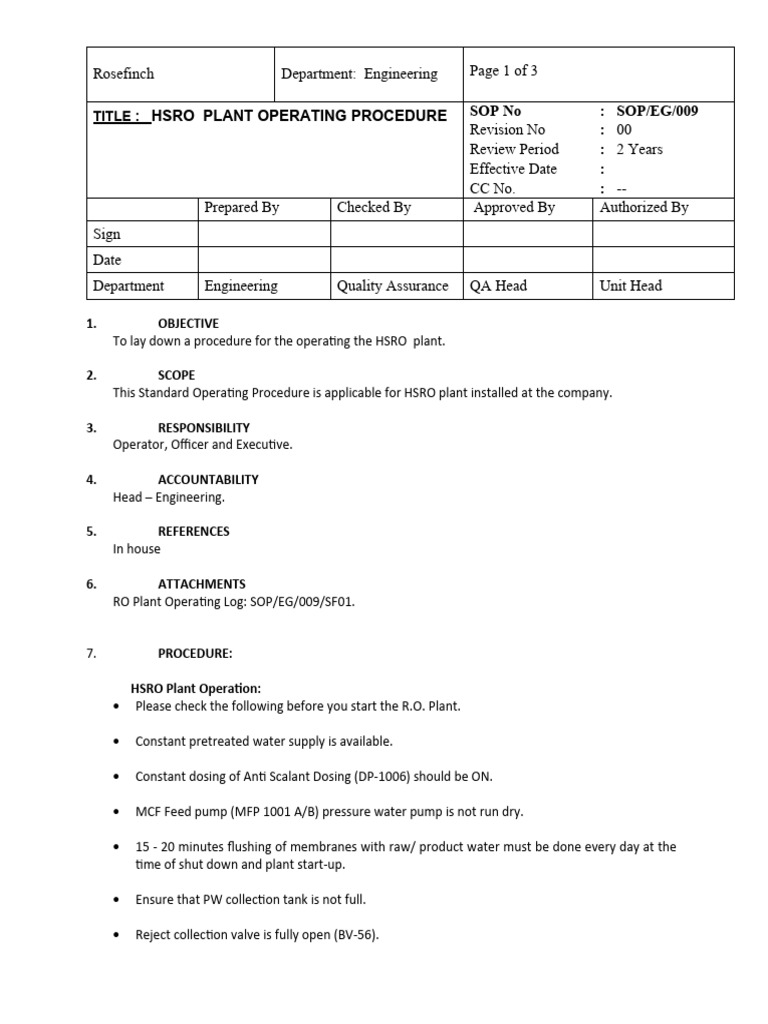 SOP-EG-009 HSRO Operating Procedure | PDF