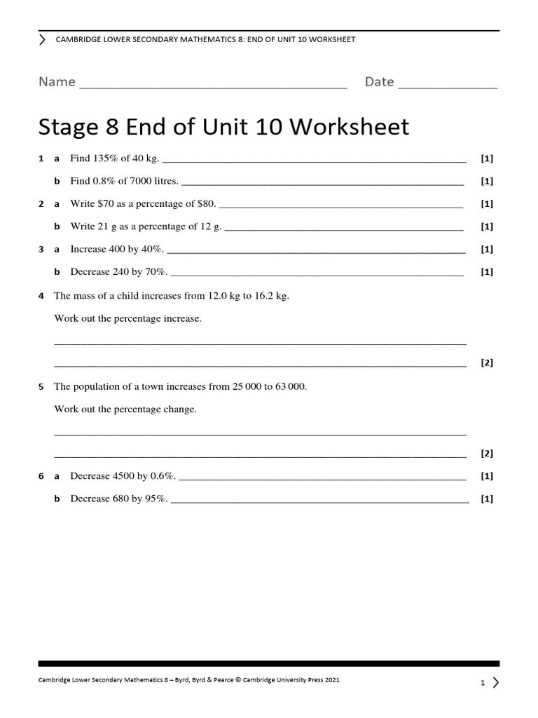 Stage 8 Unit 10 Maths Worksheet | PDF