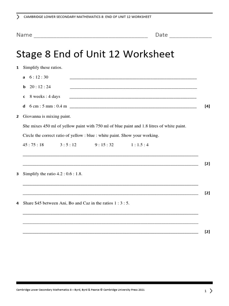 Stage 8 End of Unit 12 Worksheet | PDF