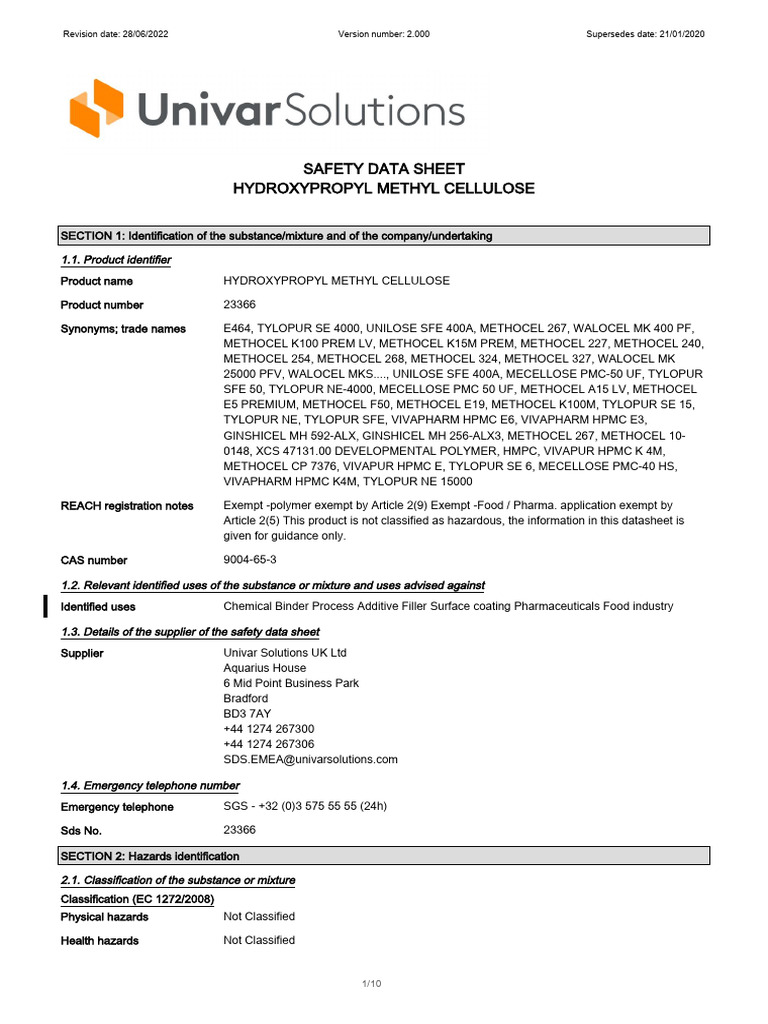 HPMC Sds - File-2006916 | PDF | Toxicity | Dangerous Goods