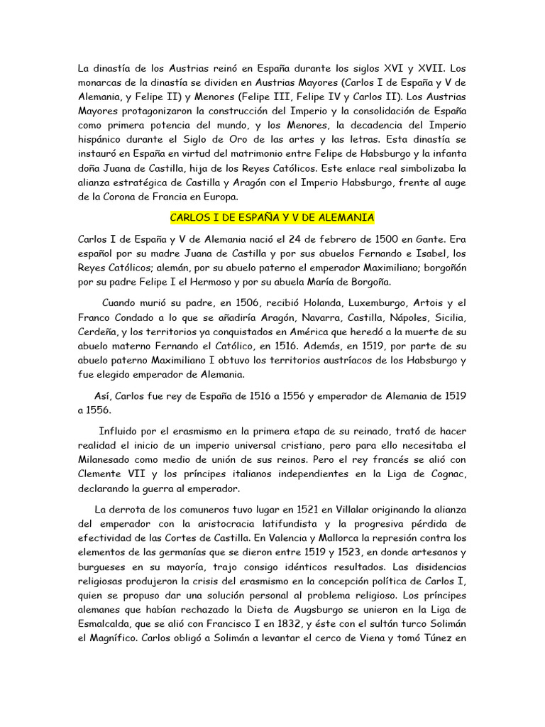 La Dinastía de Los Austrias Reinó en España Durante Los Siglos XVI y XVII | PDF | Casa de los ...