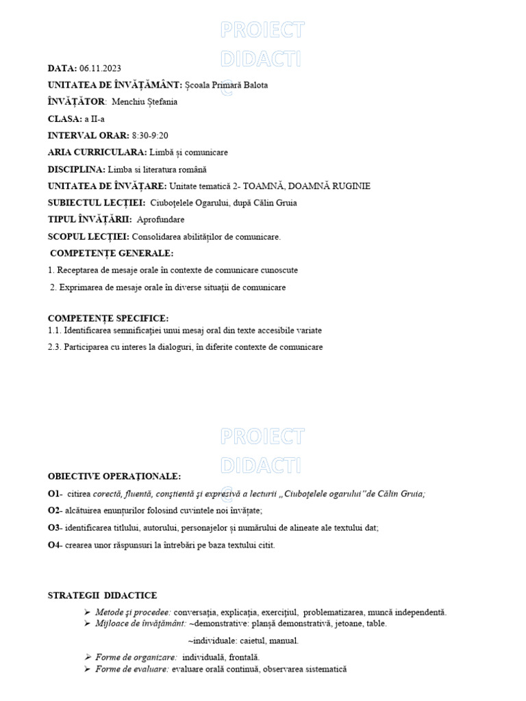 Proiect Didactic CLR Cls 2 | PDF