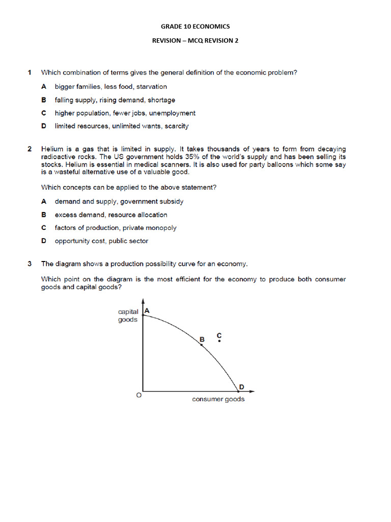 Grade 10 Economics MCQ Revision 2 | PDF