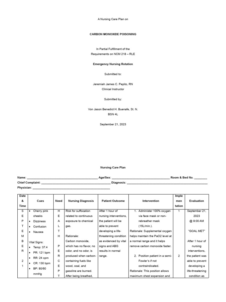 Nursing Care Plan for CO Poisoning | PDF