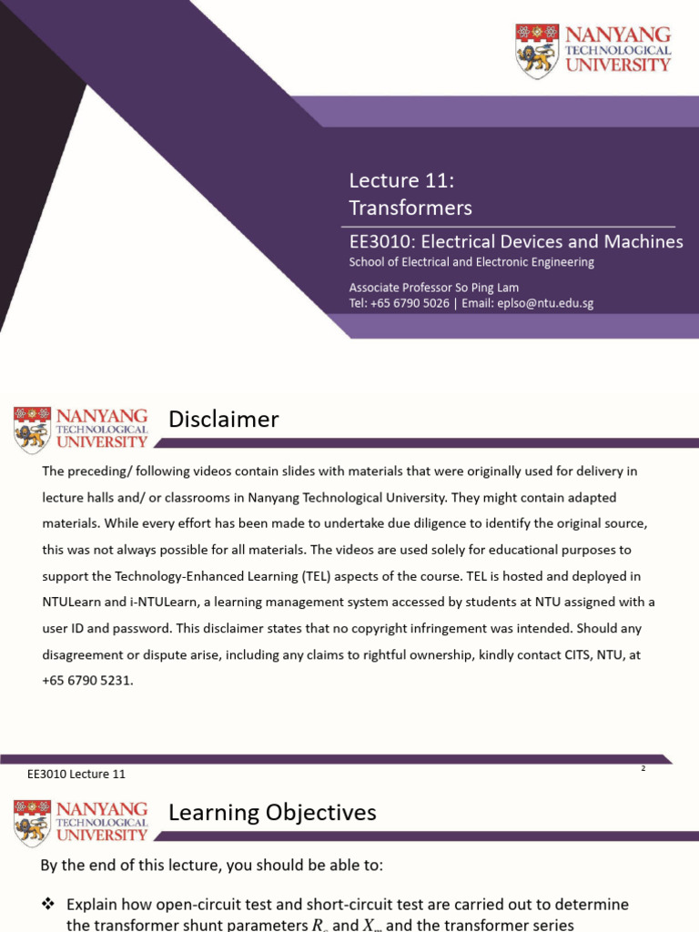 EE3010 NTU Lecture 11 Transformers | PDF