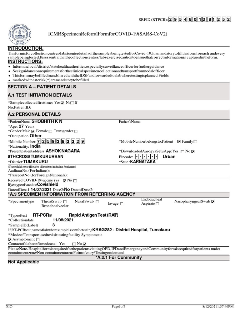 Icmr Specimen Referral Form For Covid-19 (Sars-Cov2) : (These Fields To ...