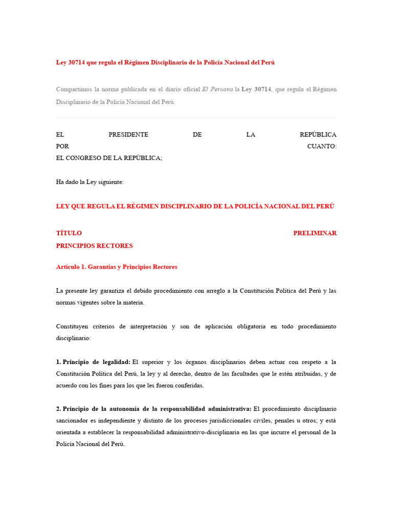 Ley 30714 Que Regula El Régimen Disciplinario de La Policía Nacional ... Ley 30714 Que Regula El Régimen Disciplinario de La Policía Nacional ...