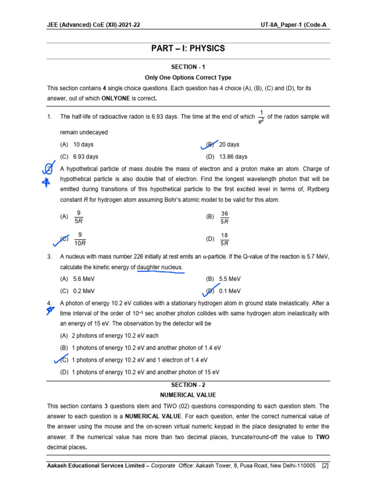 JEE Advanced Physics & Chemistry | PDF | Electronvolt | Atoms